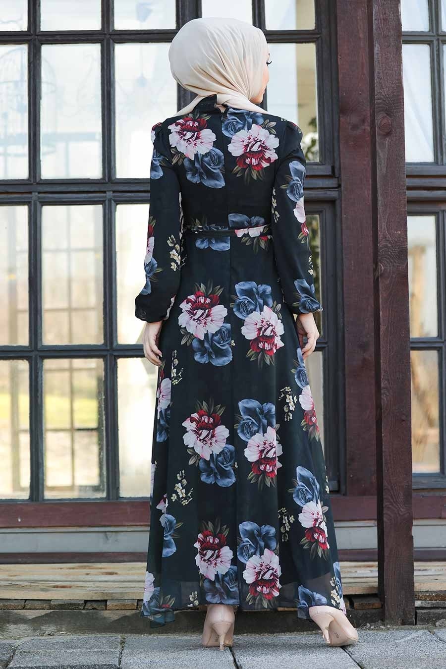 Neva Style - Çiçek Desenli Siyah Tesettür Elbise 2790S - Tesetturisland.com