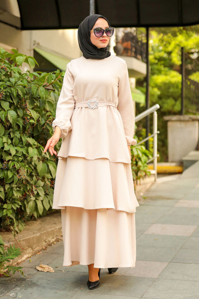 Neva Style - Kat Kat Bej Tesettür Elbise 1283BEJ - Tesetturisland.com
