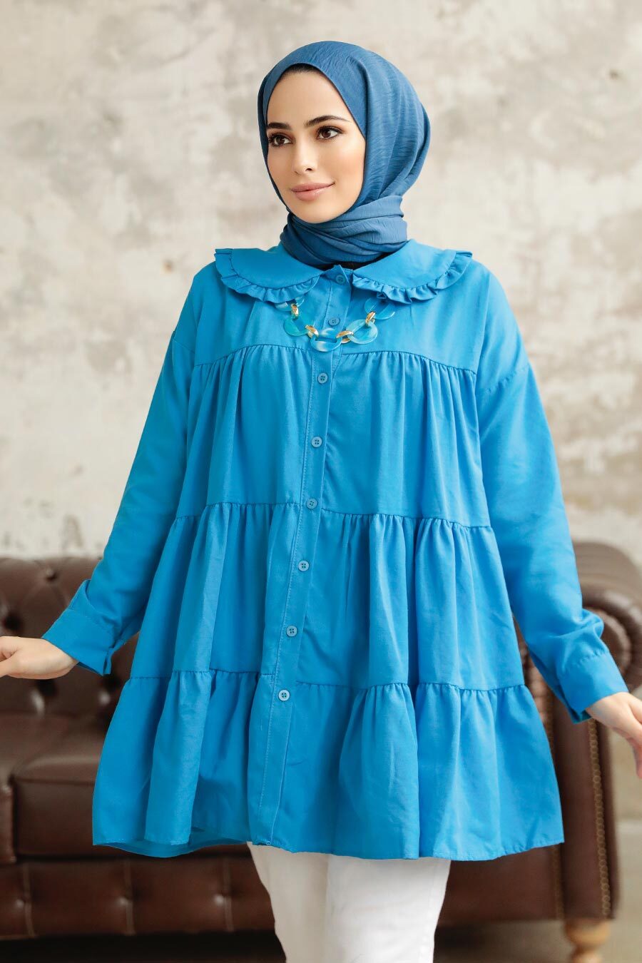 Neva Style - Kat Piliseli İndigo Mavisi Tesettür Tunik 11281IM ...
