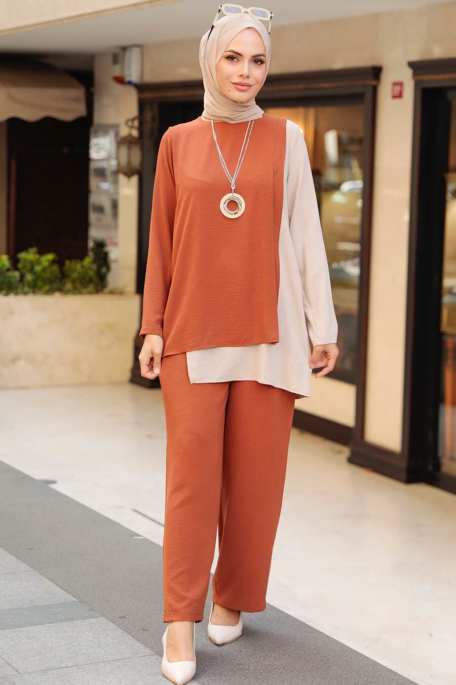 Terra Cotta Hijab Double Suit 5235KRMT - Neva-style.com