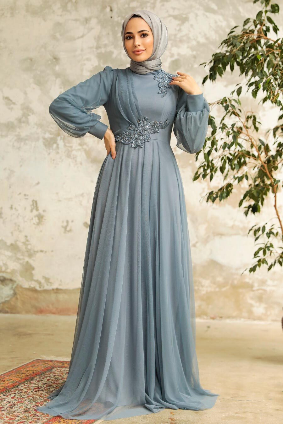 Tesettürlü Abiye Elbise - Dantelli Gri Tesettür Abiye Elbise 22061GR ...