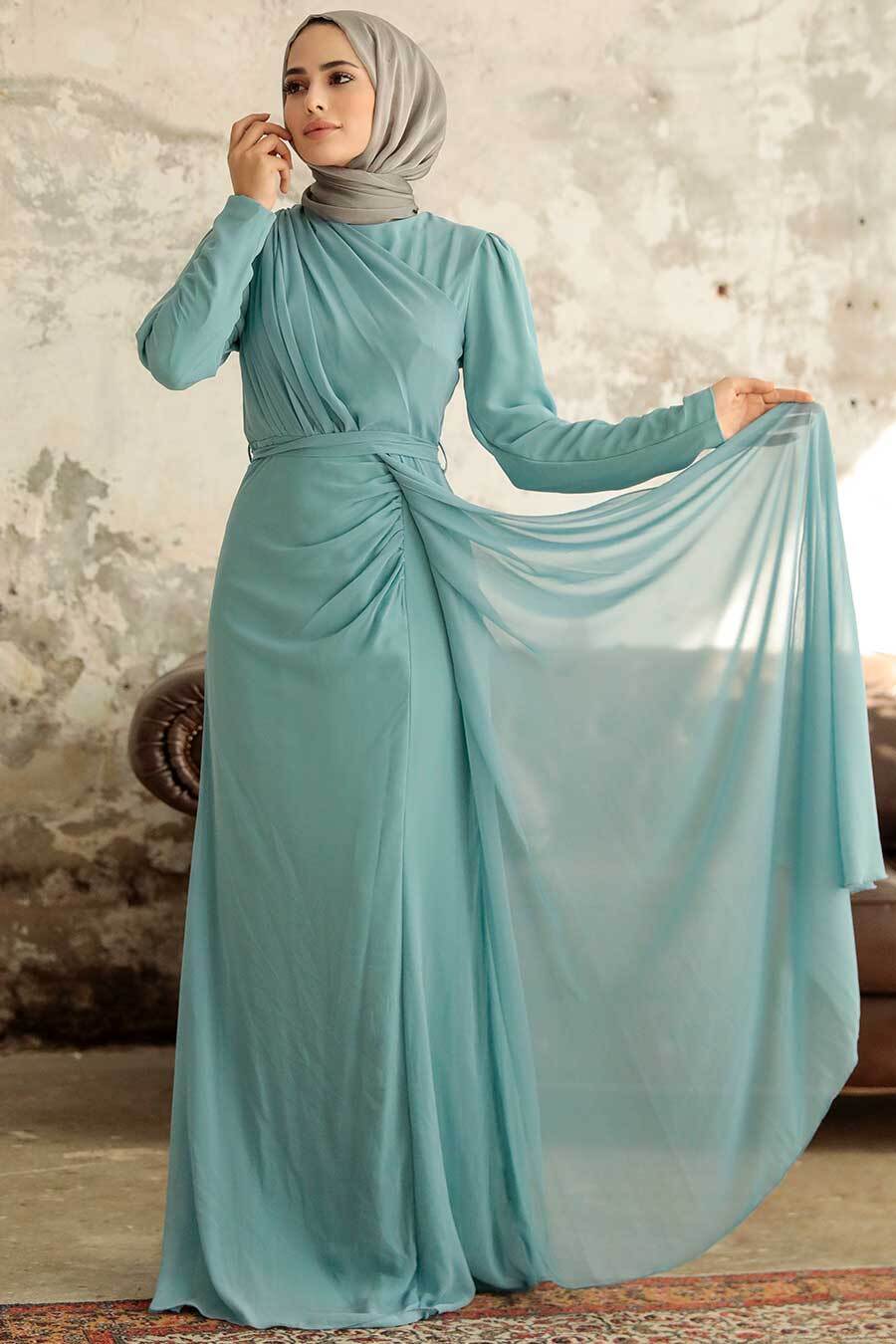 Tesettürlü Abiye Elbise - Drape Detaylı Turkuaz Tesettür Abiye 5736TR ...