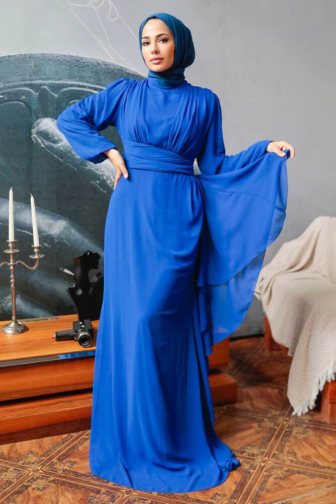 Tesettürlü Abiye Elbise - Volan Detaylı Sax Mavisi Tesettür Abiye ...